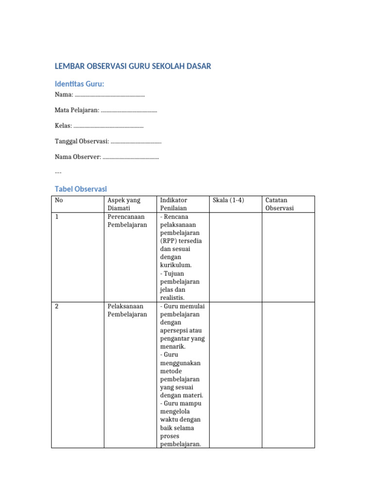 Lembar Observasi Guru SD | PDF