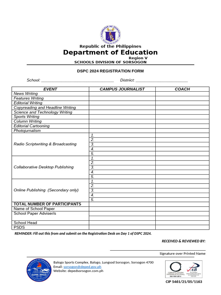DSPC 2024 Registration for Schools | PDF