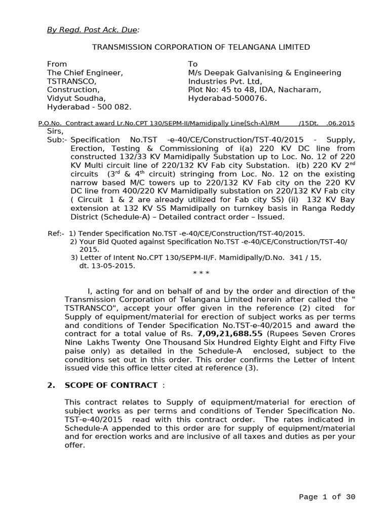 TSTRANSCO Contract Award for 220 KV Line | PDF | Taxes | Prices