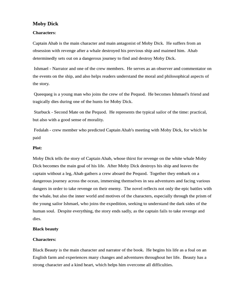 Classic Literature Character Summaries | PDF | Moby Dick | Ishmael ...