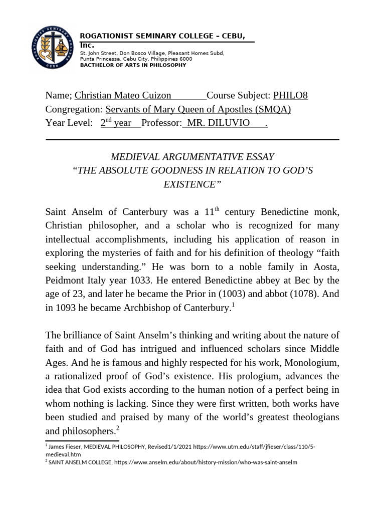 ARGUMENTATIVE ESSAY (ANSELM) .Docx FINAL | PDF | Metaphysics | Religious Belief And Doctrine