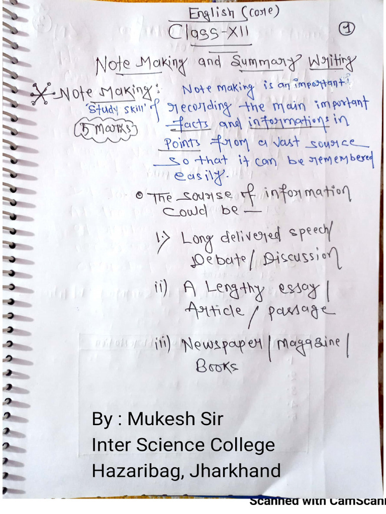 NOTE MAKING AND SUMMARY WRITING | PDF