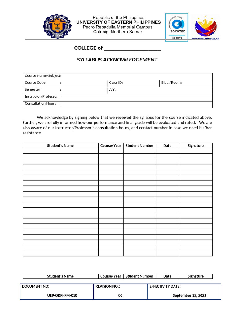 Acknowledgement of Syllabus | PDF