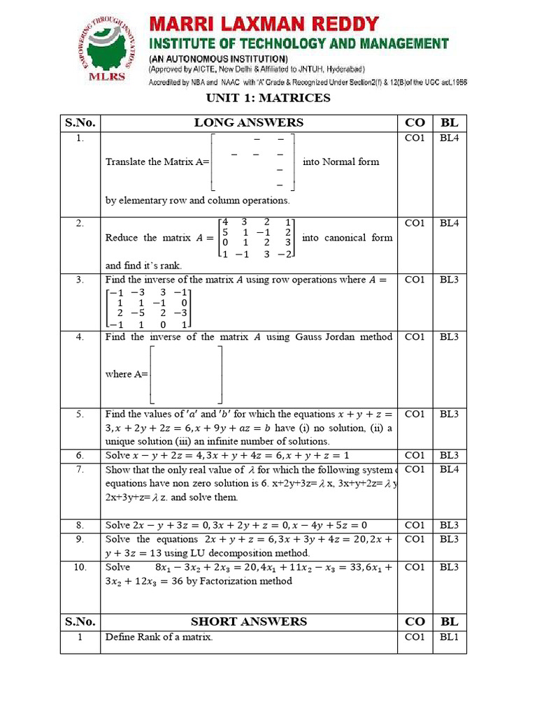 R-24 Matrices and Calculus Question Bank | PDF | Matrix (Mathematics) | Eigenvalues And Eigenvectors