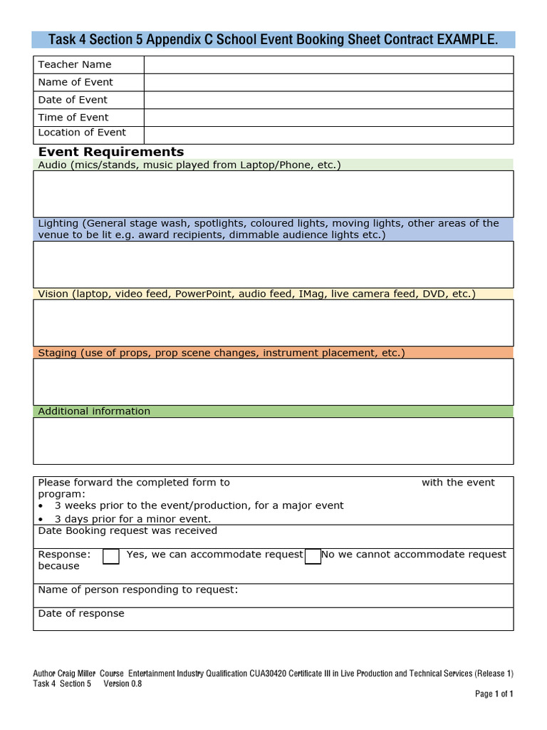 School Event Booking Sheet Template | PDF