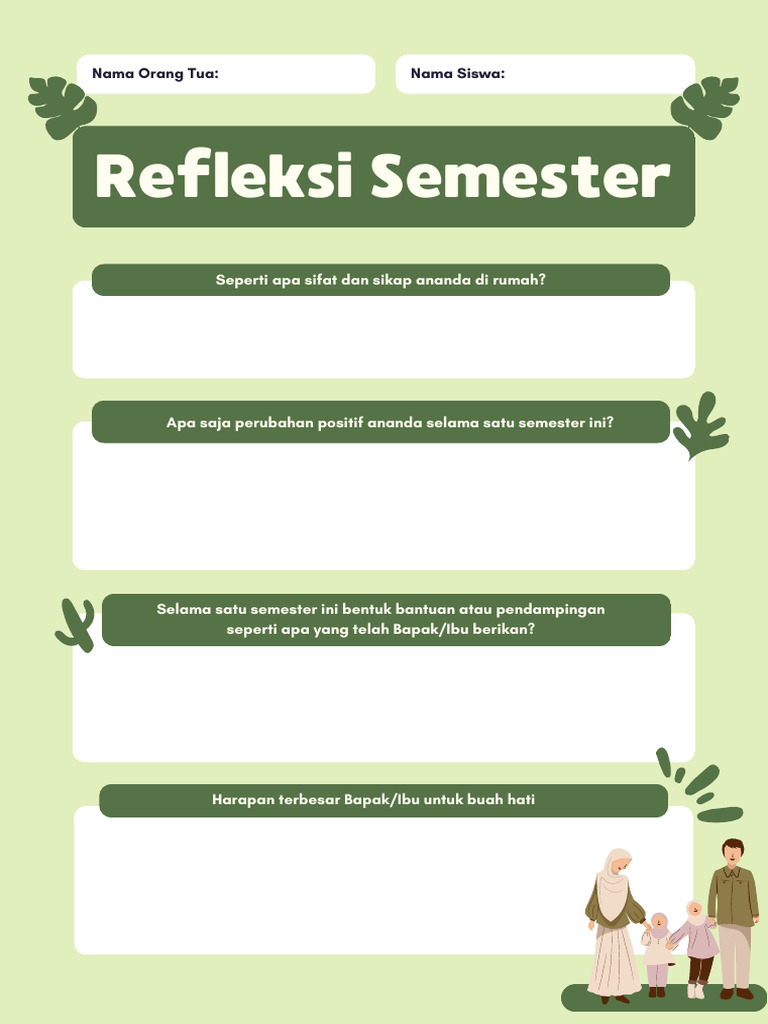 Refleksi Semester Orang Tua Lembar Kerja Hijau Ilustratif | PDF