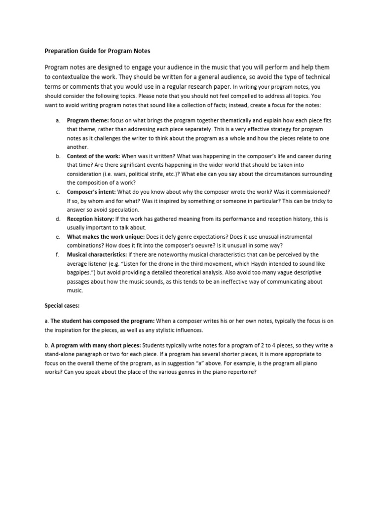 Preparation Guide For Program Notes | PDF | Composers | Human Communication