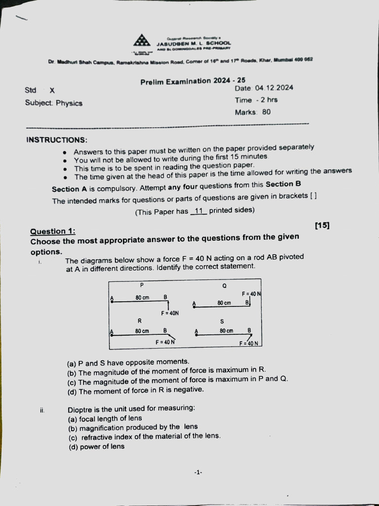 Physics Prelim Exam 2024-25 for Std X | PDF | Inductor | Proton