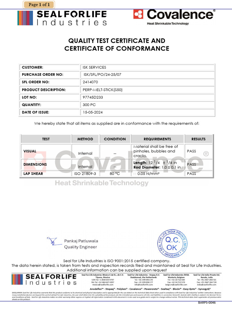 Quality Test Certificate for PERP-MELT-STICK | PDF