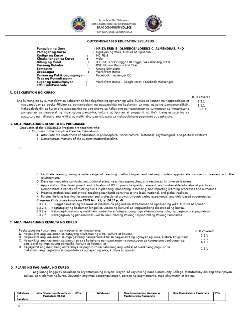 MC FIL 6 Ugnayan NG Wika Kultura at Lipunan OBE SYLLABUS NEW | PDF