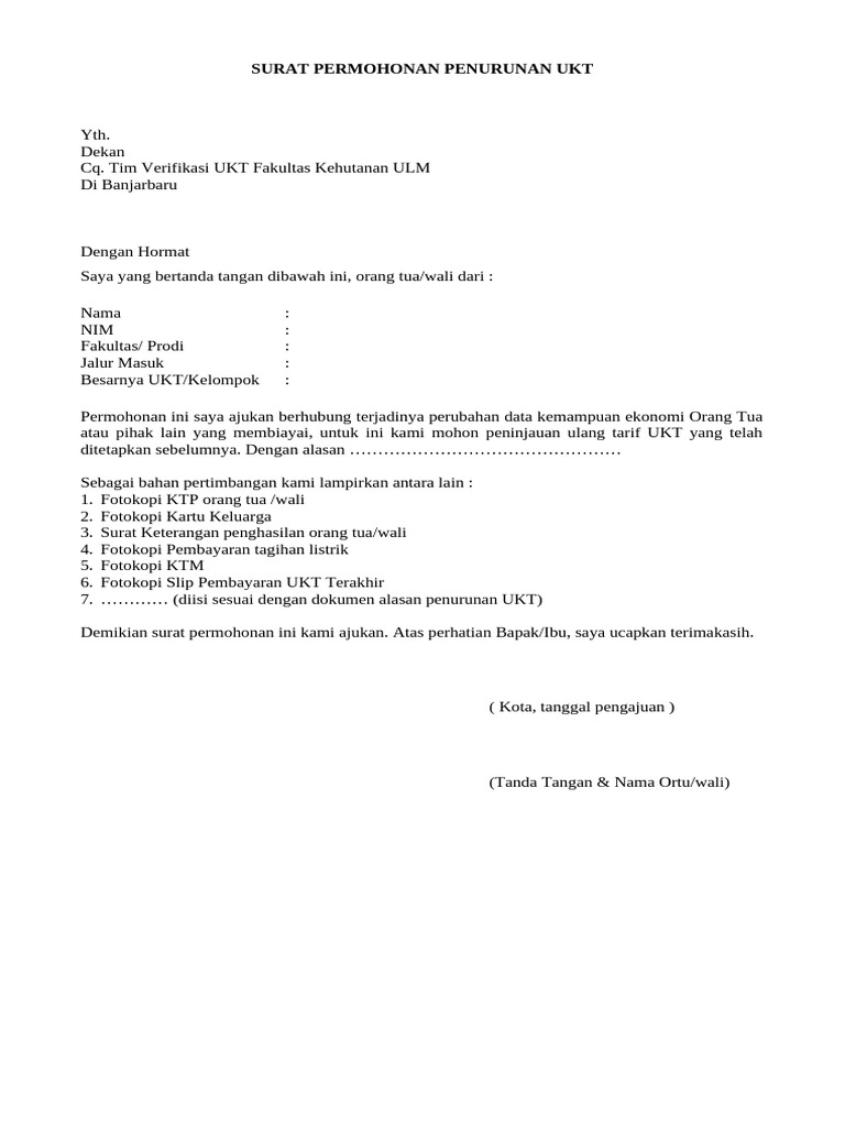 Contoh Surat Permohonan Perubahan-Penurunan Kelompok UKT - Genap 2024-2025 | PDF