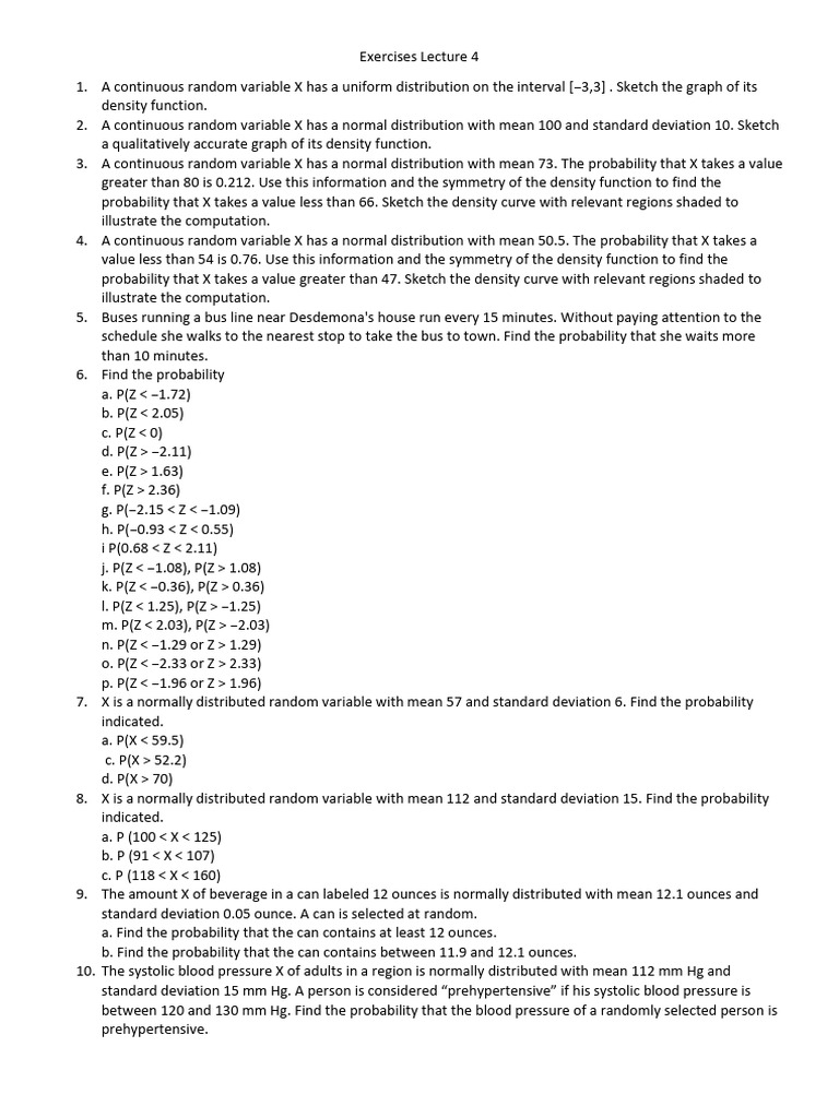 Exercises Lecture 4 | PDF | Normal Distribution | Probability Density Function