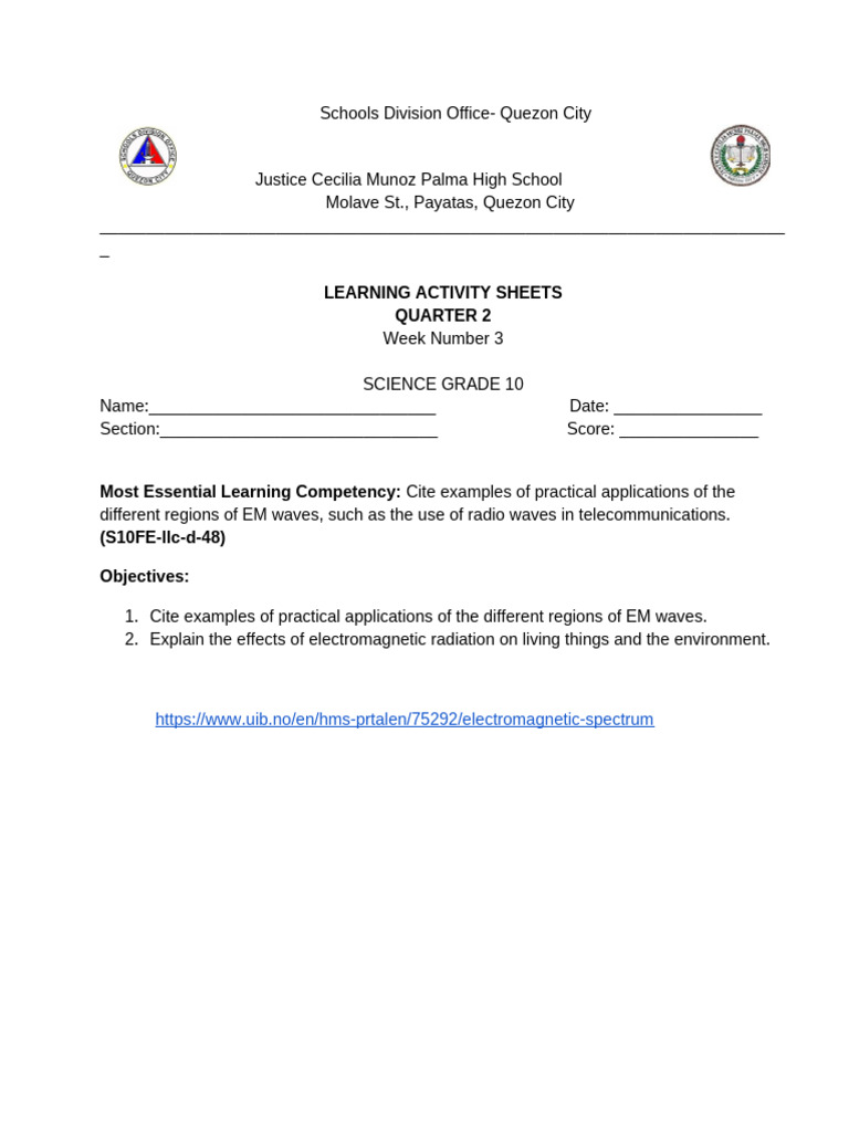 Grade 10 Science: EM Waves Activity Sheets | PDF | Radiation | Ultraviolet