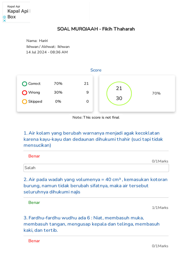 Soal Murojaah Fiqh Thaharah | PDF