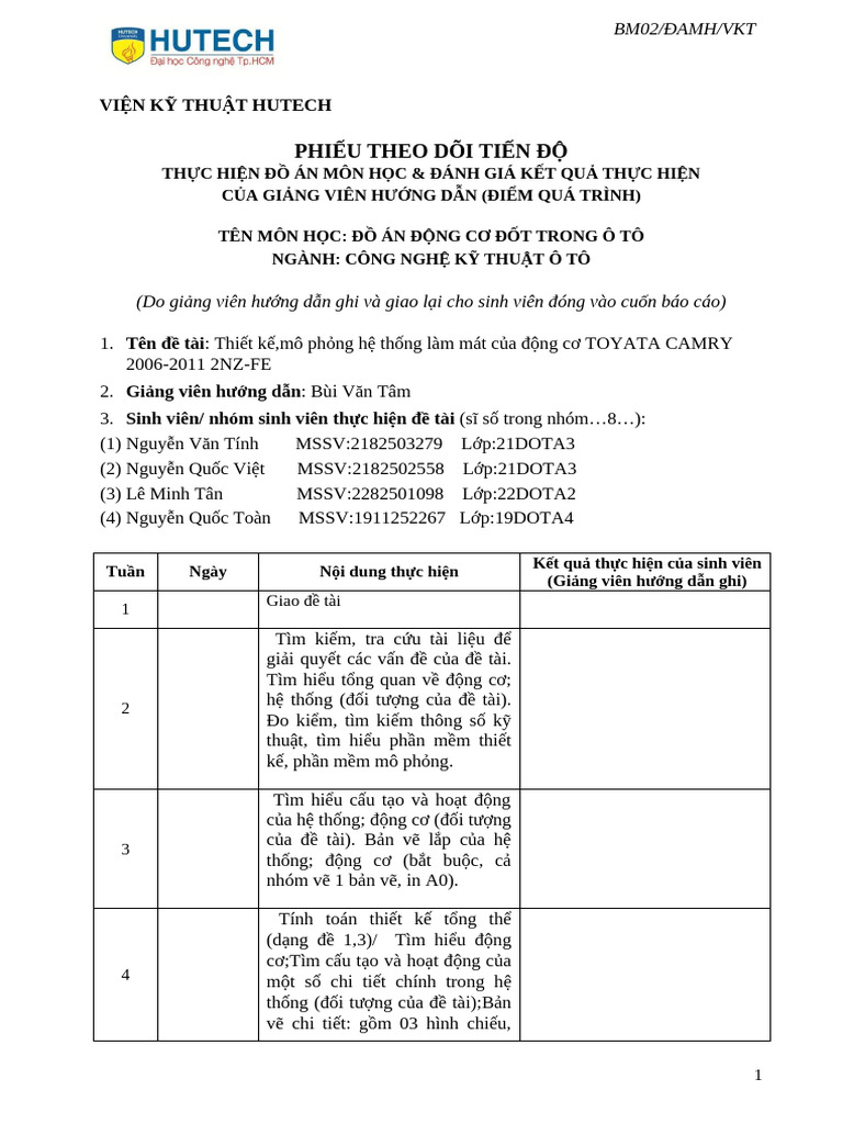 Phieu Theo Doi Tien Do Và Danh Gia Diem Qua Trinh Do An Mon Hoc - GVHD | PDF