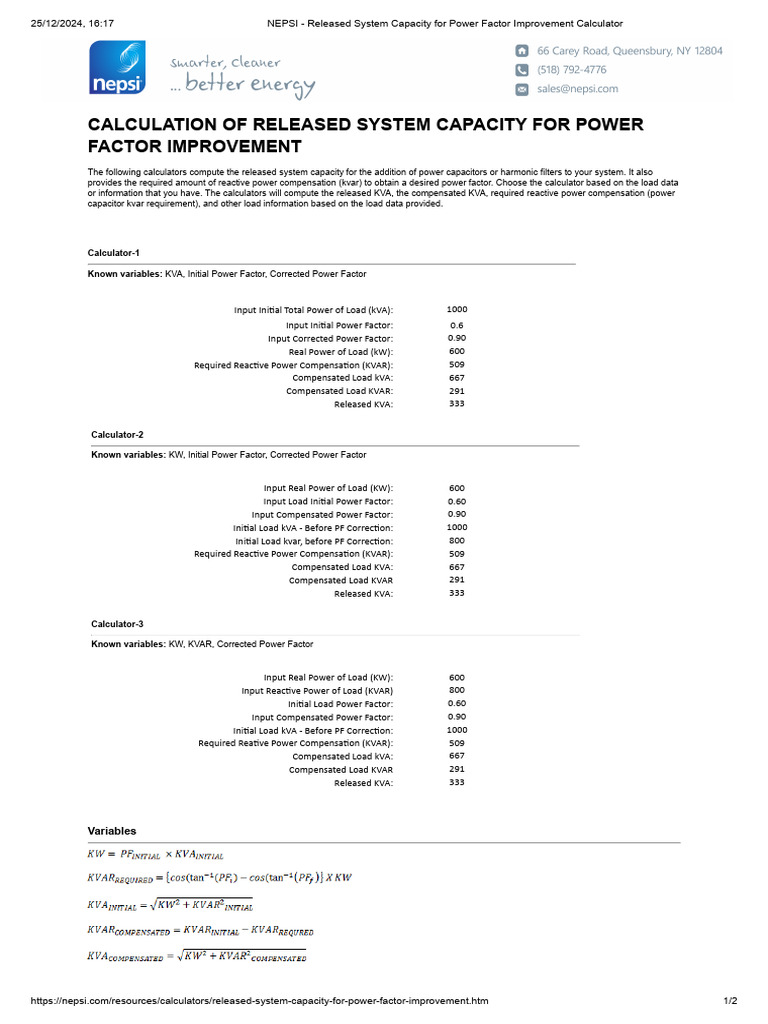 NEPSI - Released System Capacity For Power Factor Improvement Calculator | PDF | Ac Power ...