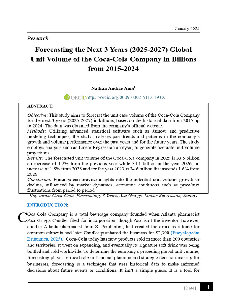 Forecasting The Next 3 Years Global Unit Volume of The Coca-Cola ...