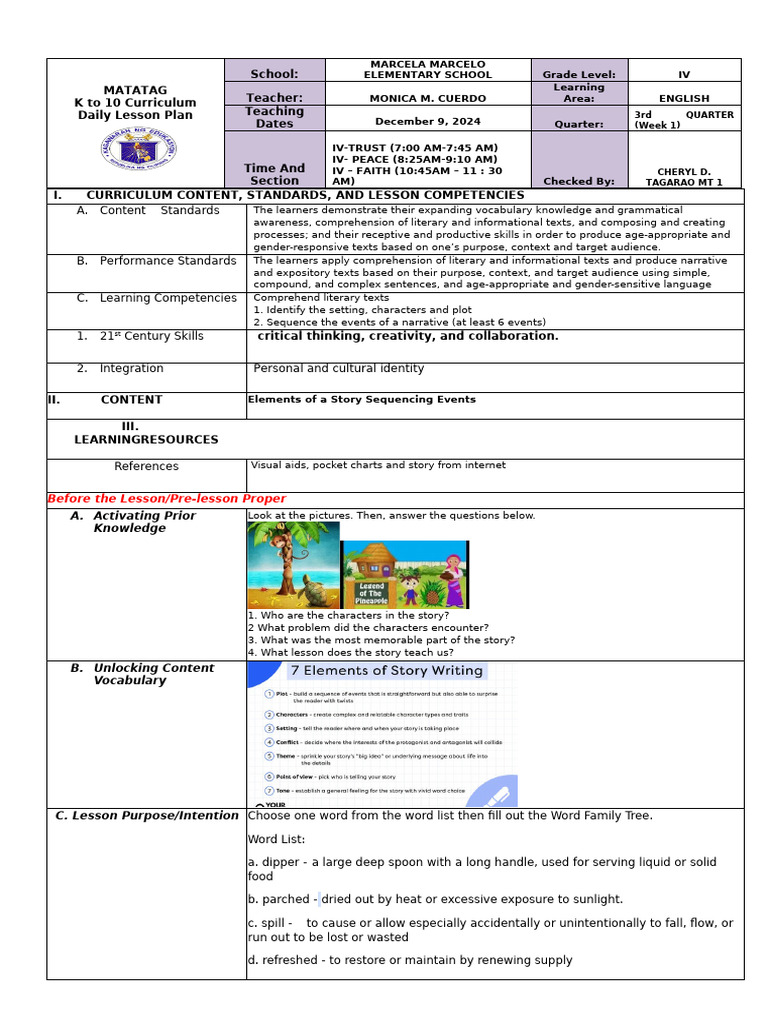 English 4 Q3 Week 1 Lesson Plan | PDF | Reading Comprehension | Learning