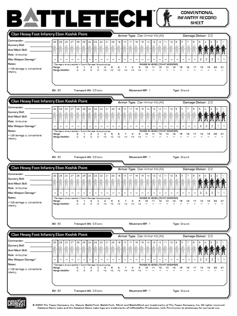 BattleTech Infantry Record Sheets | PDF | Battle Tech | Military