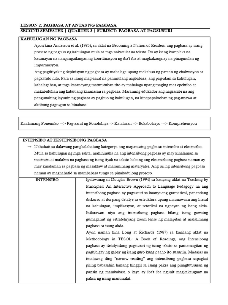 Lesson 3 - Pagbasa at Antas NG Pagbasa | PDF