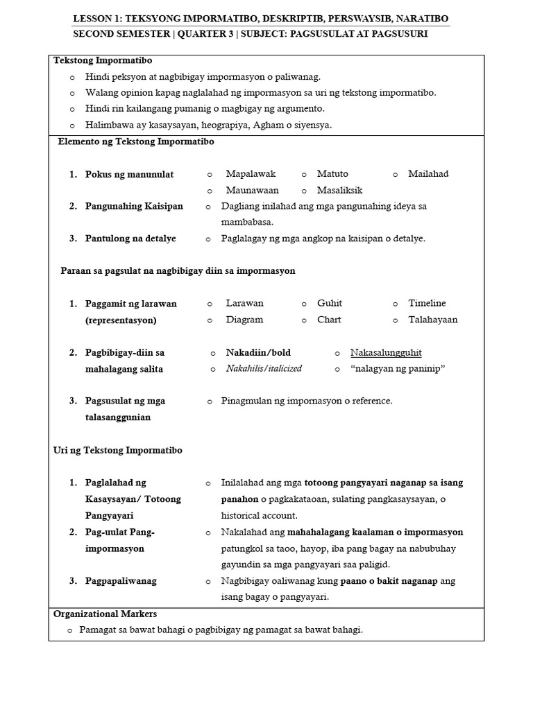 Lesson 1 - Tekstong Impormatibo, Deskriptibo, Persweysib, Naratibo | PDF