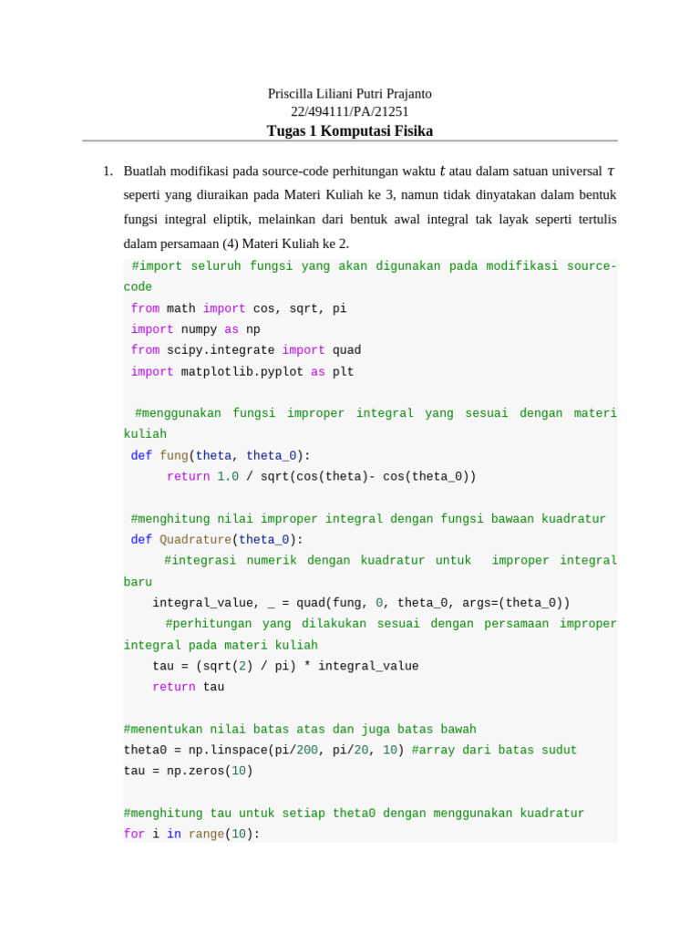 Tugas 1 Komputasi Fisika - Priscilla Liliani Putri Prajanto | PDF