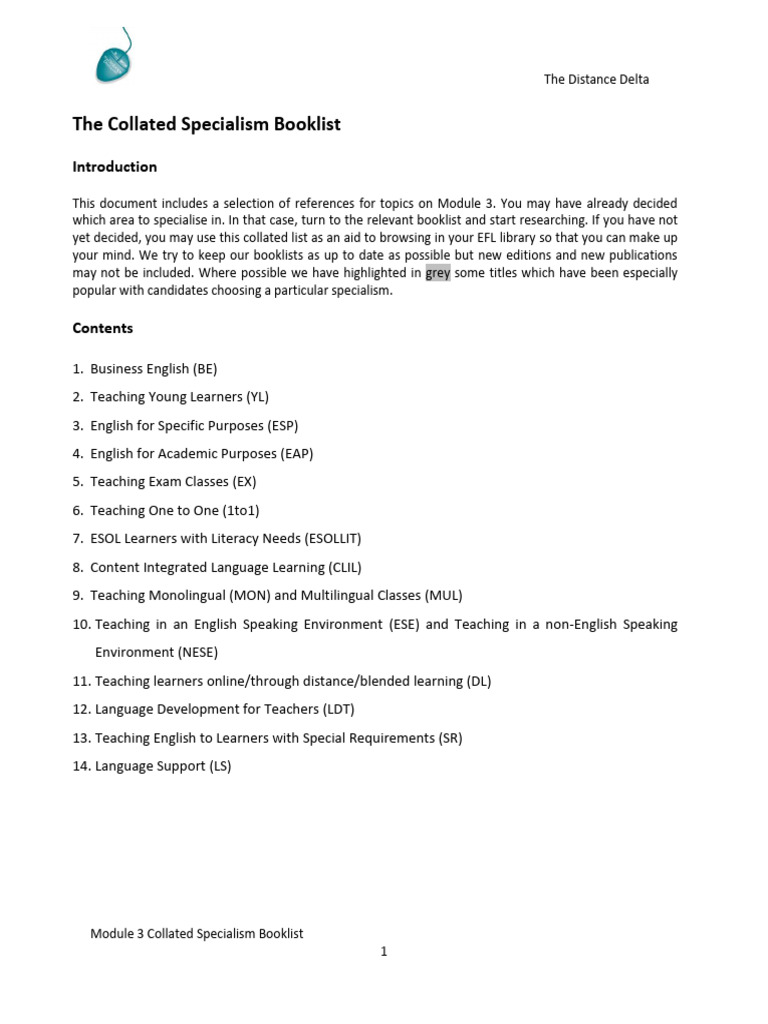 Module 3 Specialism Booklist Guide | PDF | English As A Second Or ...