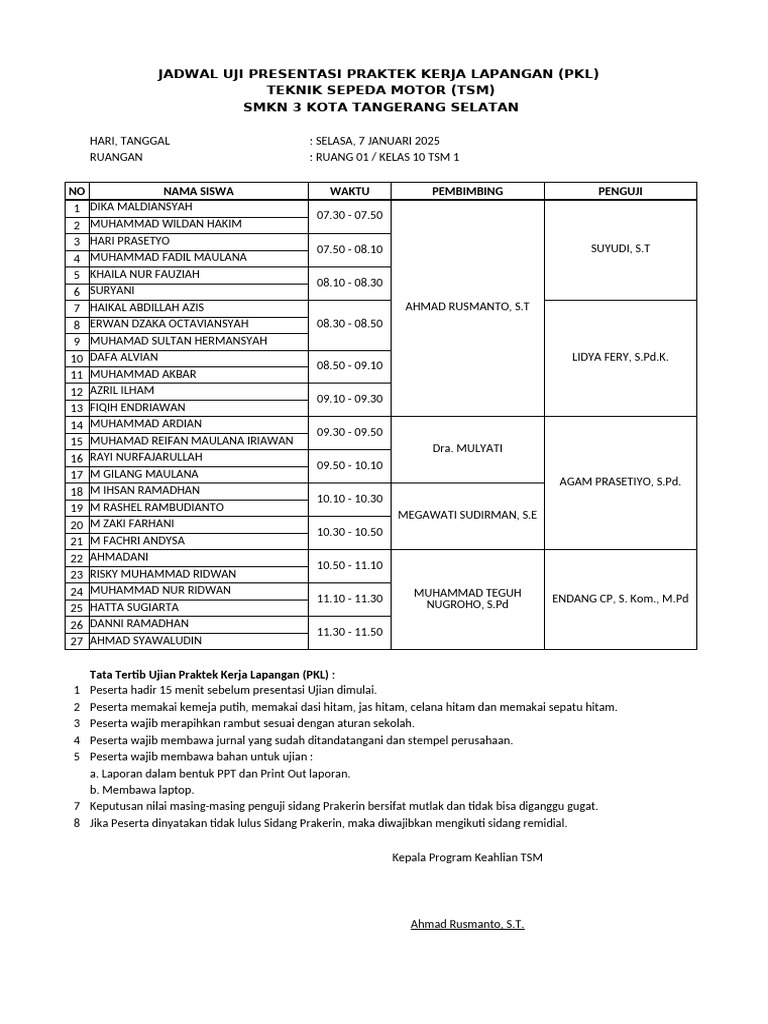 Jadwal Ujian PKL 2024-2025 | PDF