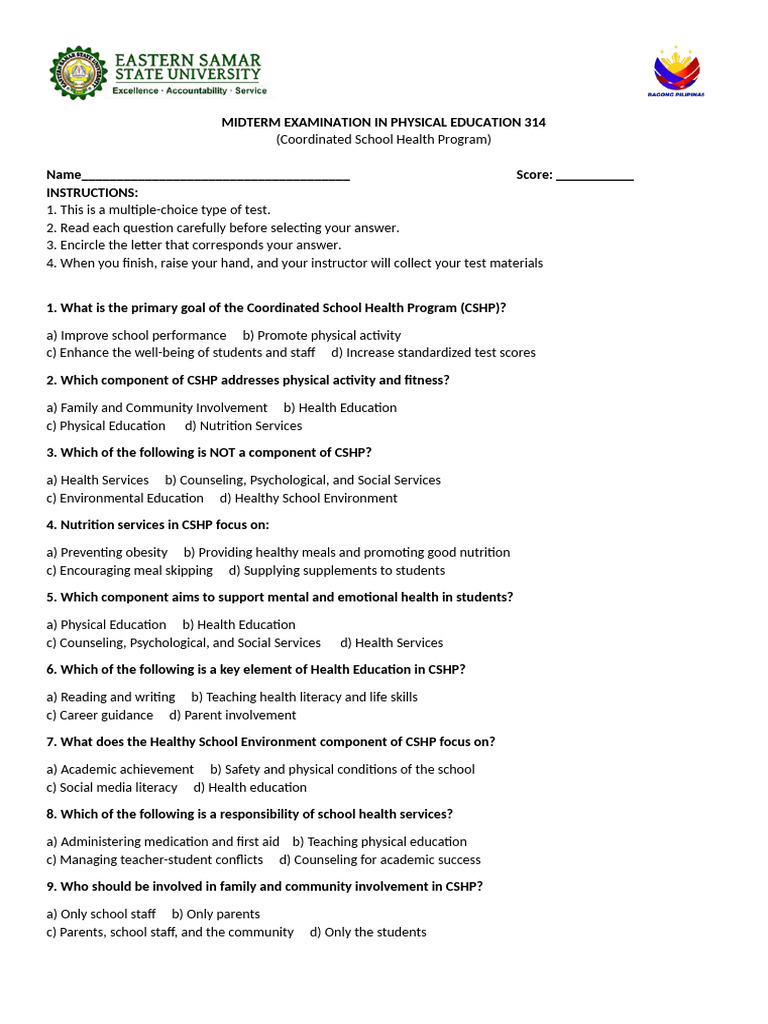 Midterm Exam in CSHP 2024-2025 | PDF | Physical Education | Schools