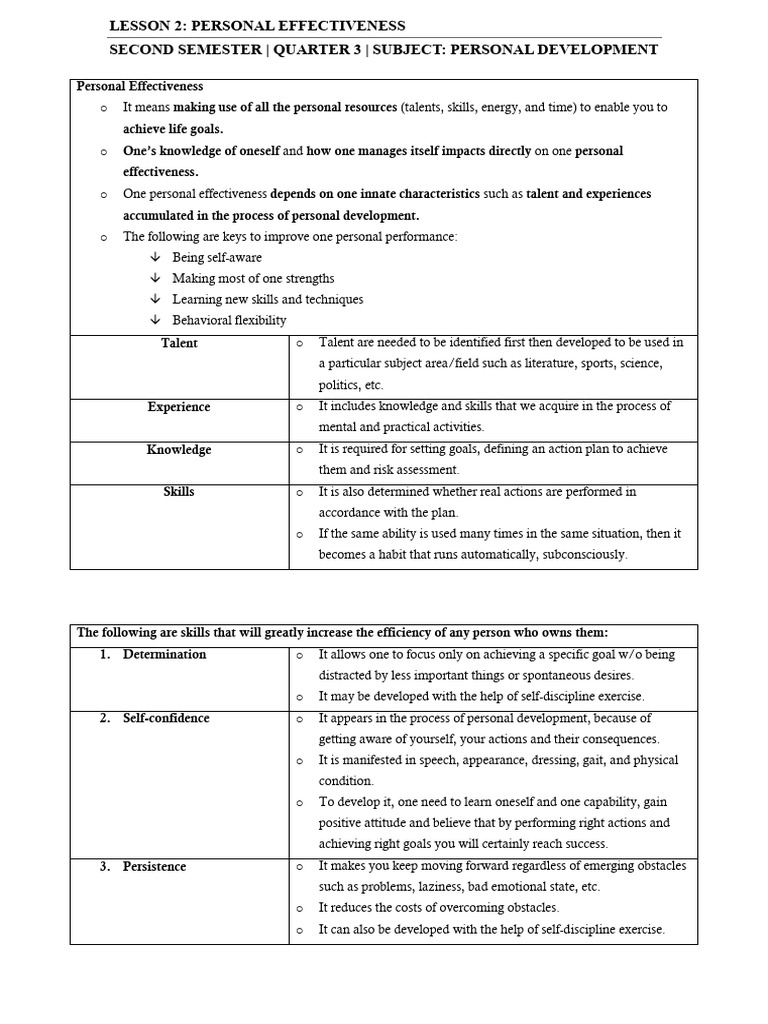 Lesson 2 - Personal Effectiveness | PDF | Self Concept | Personal Development