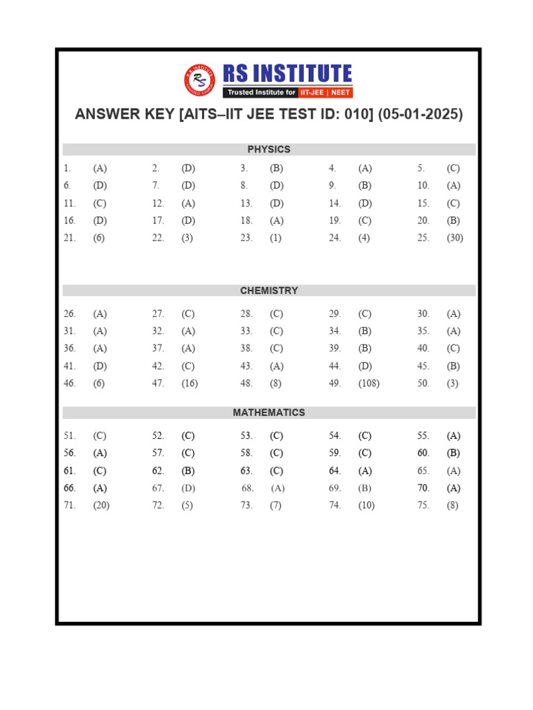 Answer Key AITS IIT-JEE (10) (05-01-2025) - 1 | PDF