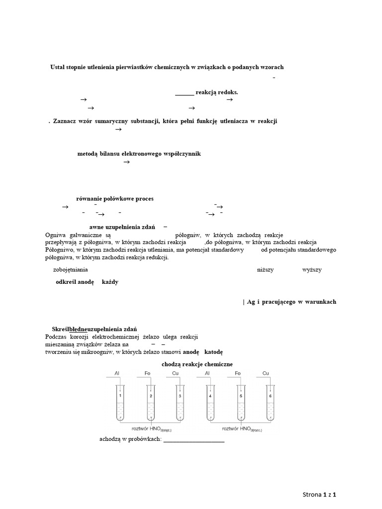 Sprawdzian Reakcje Utleniania Redukcji Elektrochemia IBLP 15 IV 2021 | PDF