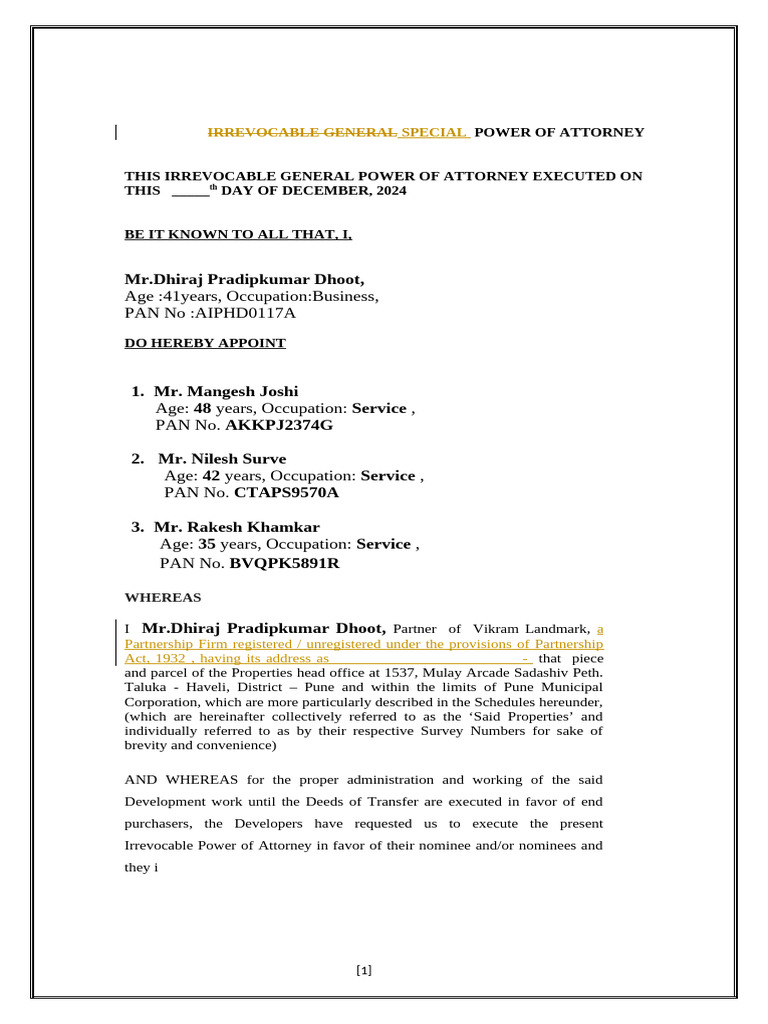 POA_DHOOT_SIR_DRAFT[1] | PDF | Advocate | Power Of Attorney
