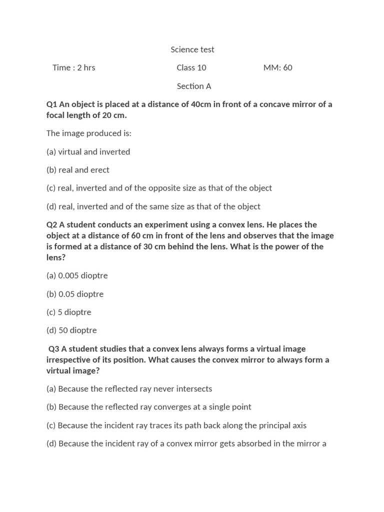 Science Test (3 Chapters) | PDF | Mirror | Redox
