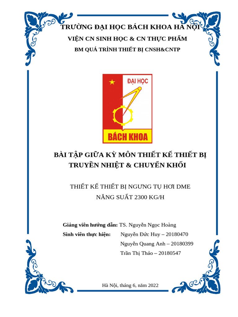Tính toán thiết kế thiết bị ngưng tụ hơi DME năng suất 2300 kgh | PDF