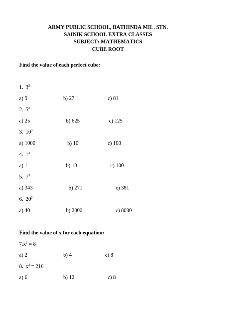 Cube Root Worksheet for Students | PDF