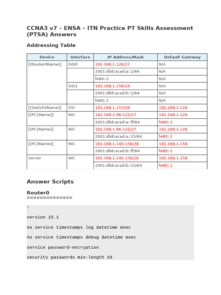 ENSA CCNAv7 SRWE Practice PT Skills Assessment (PTSA) - Part 1 Answers | PDF