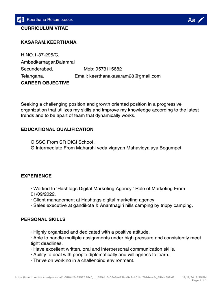 Keerthana Resume | PDF