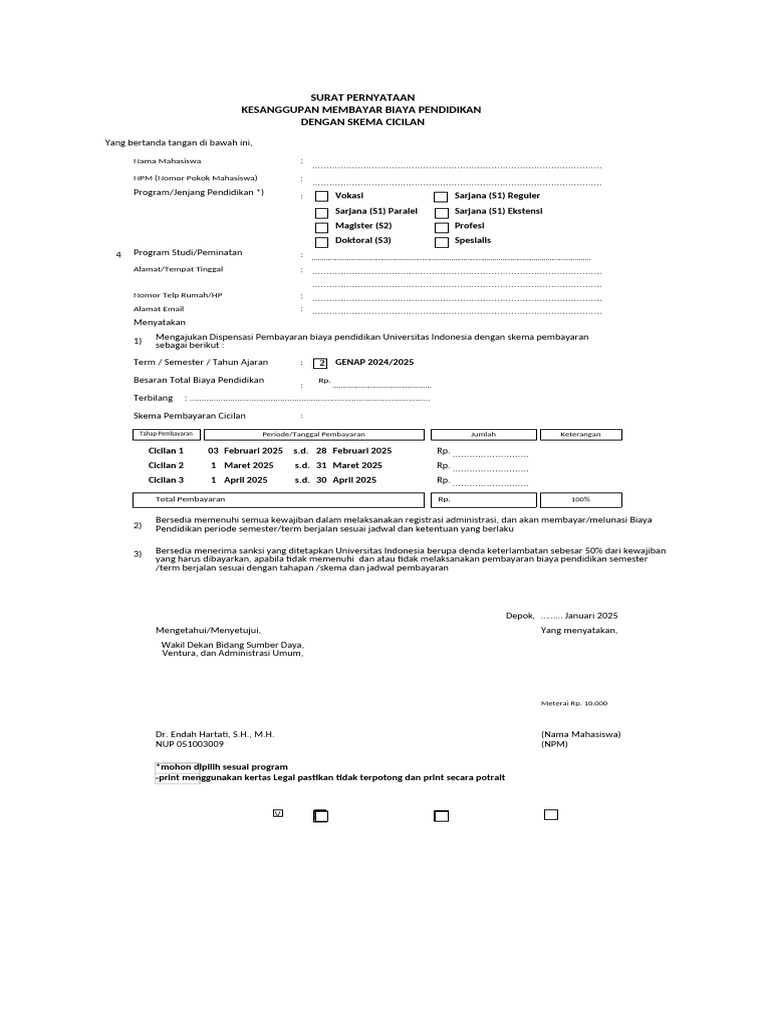 Form Cicilan utk Mahasiswa Lama - GENAP 2024-2025 | PDF