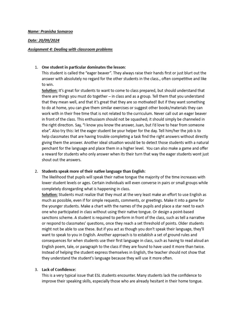 Assignment 4 Dealing With Classroom Problems | PDF | Behavior ...