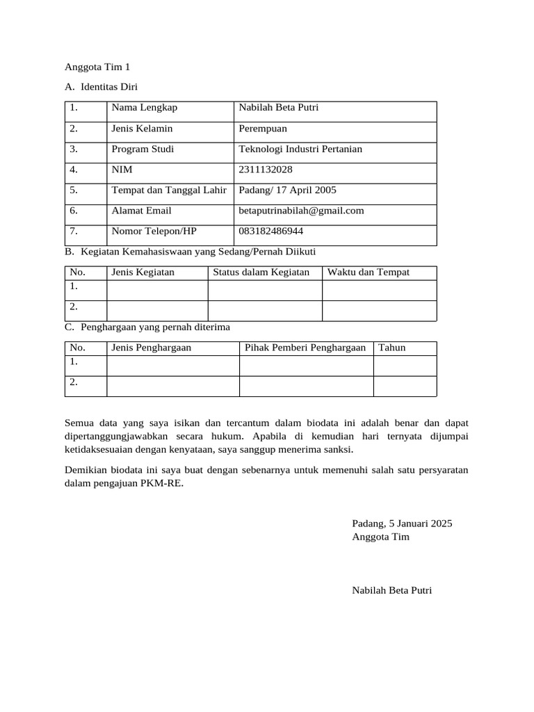 Biodata Anggota Tim PKM-RE 2025 | PDF