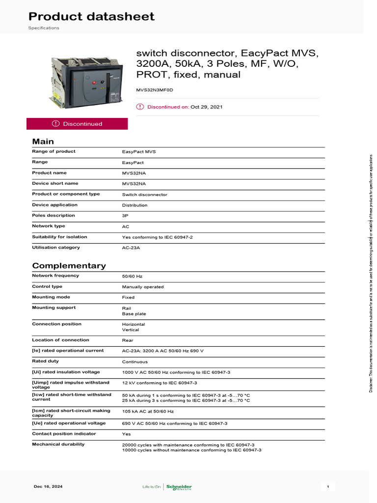 Schneider Electric ACB Air Circuit Breaker EasyPact MVS MVS32N3MF0D | PDF | Alternating Current ...
