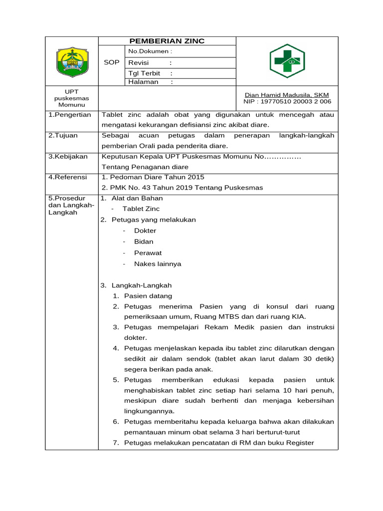 Sop Pemberian Zink | PDF