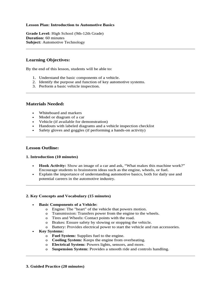 Lesson Plan - Automotive | PDF | Vehicles | Tire