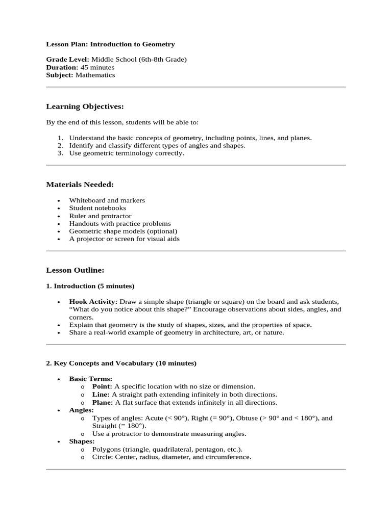 Lesson Plan - Geometry | PDF | Geometry | Shape