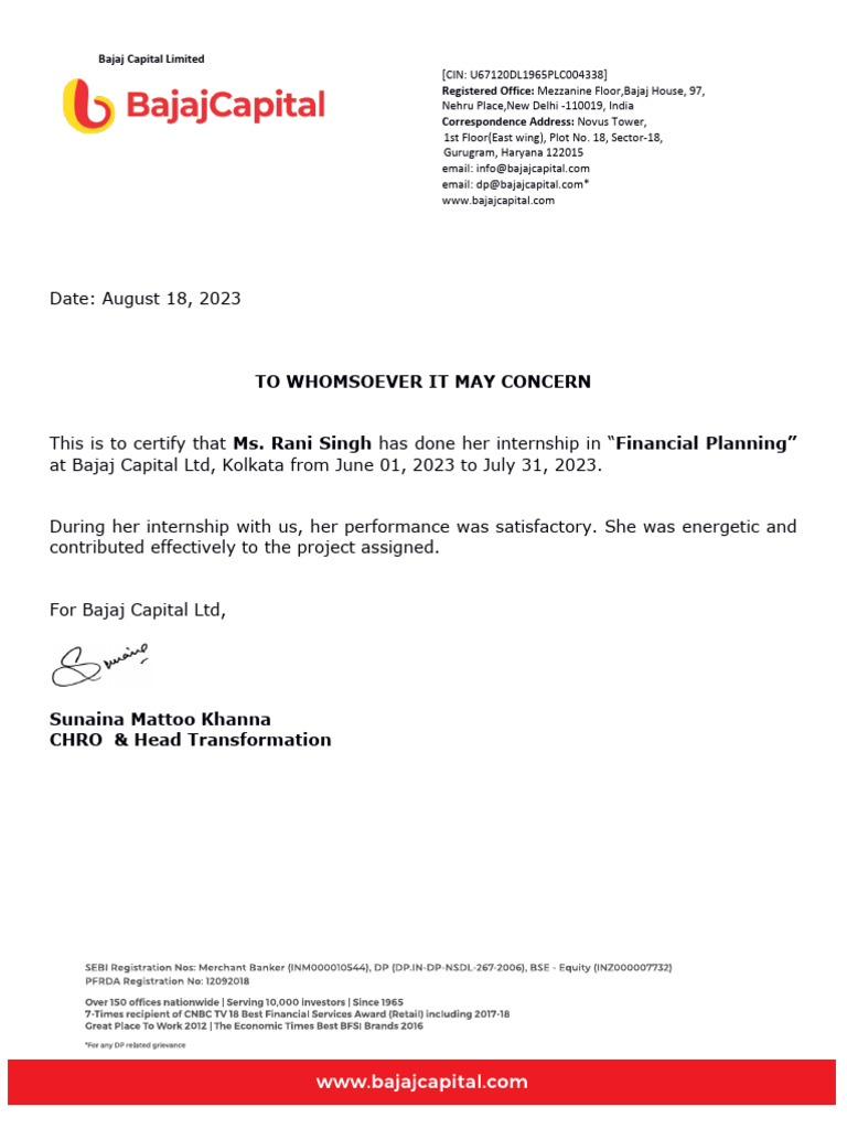Internship Certificate Rani Singh Rani Singh | PDF