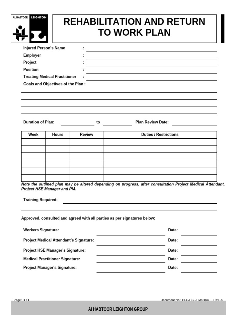 HLG HSE FM 016D r00 HSE Rehabilitation and Return To Work Plan | PDF
