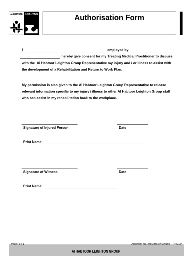 HLG HSE FM 016B r00 HSE Authorisation Form | PDF
