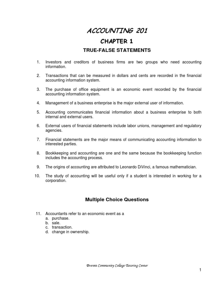 Accounting 201 Chapter 1: Understanding Key Accounting Concepts Through ...
