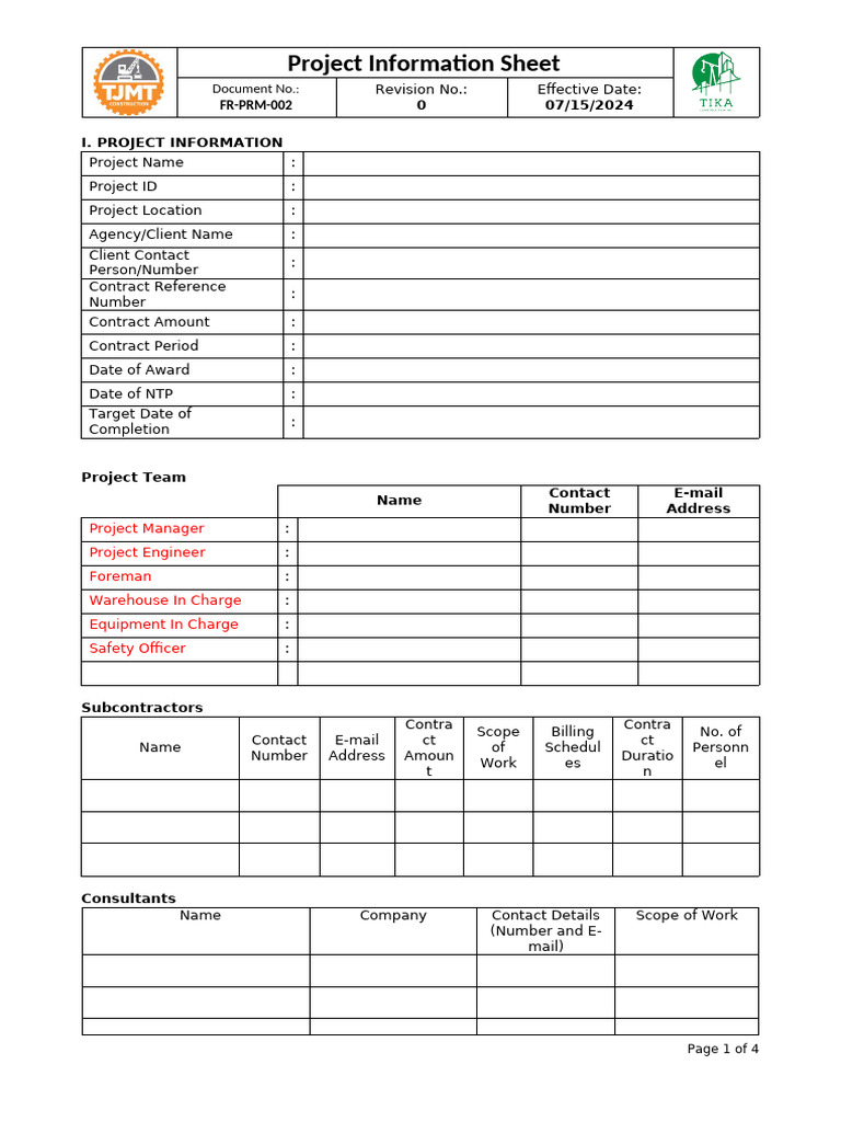 Project Information Sheet - Rev 0 | PDF